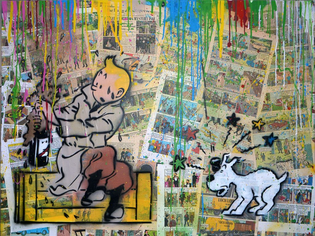 Tintin Celebrating with Champoo - Ekim Street Artist